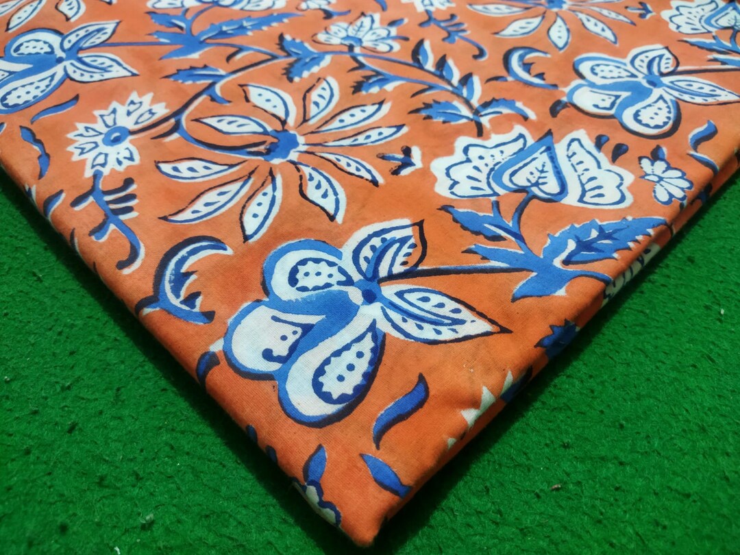 Block Printed Fabric, Orange Blue Block Print Fabric, Handprinted ...