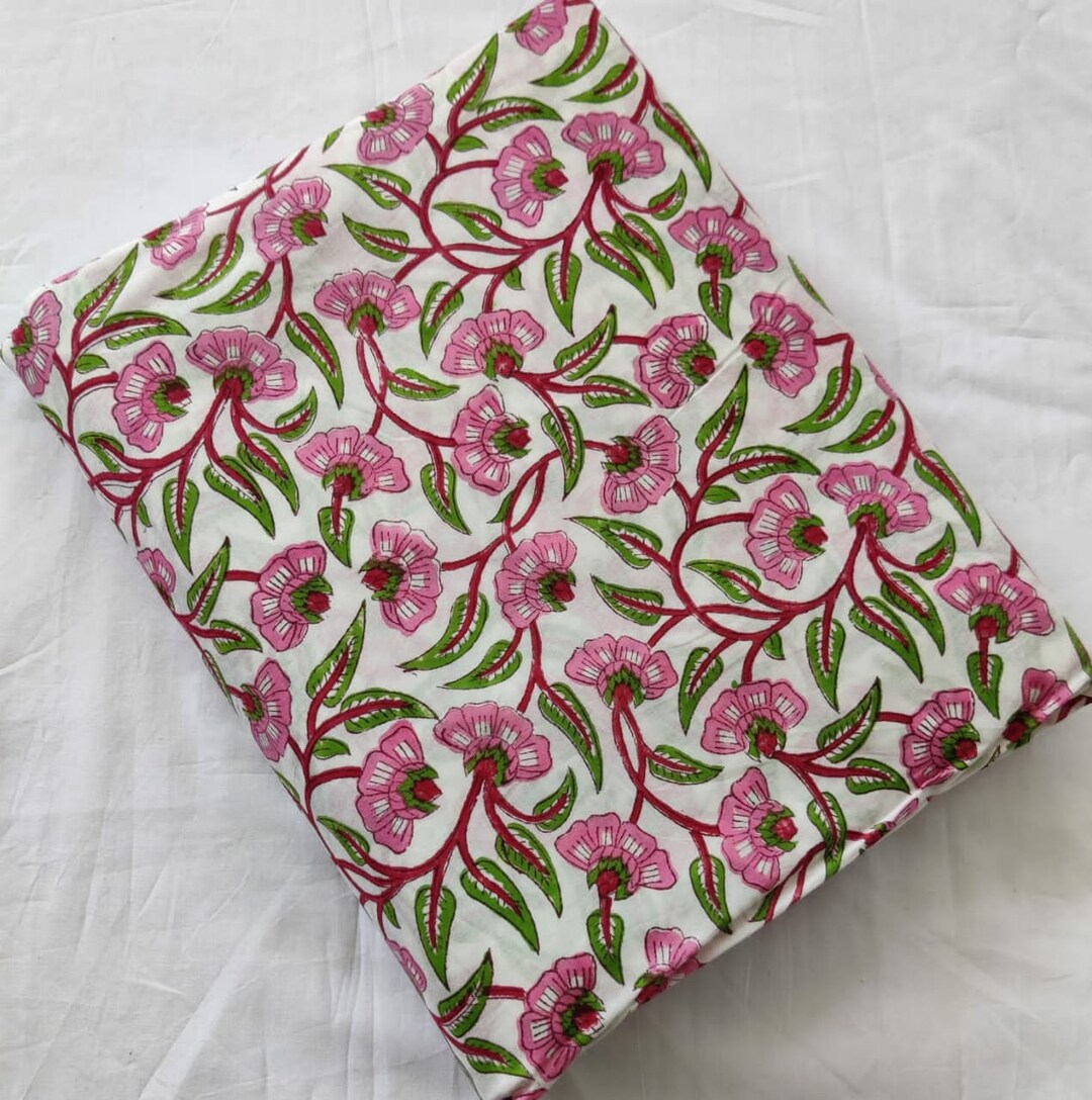 Block Printed Fabric, Pink Block Print Fabric, Handprinted Fabric ...