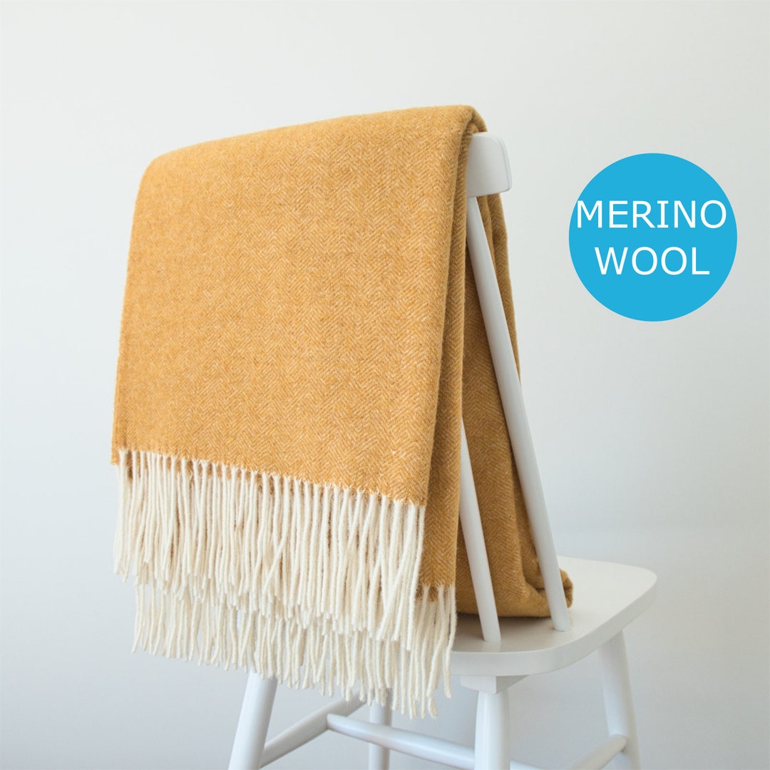 Merino Sheep Wool Soft Warm and Cozy Plain Solid Grid Check Mustard ...