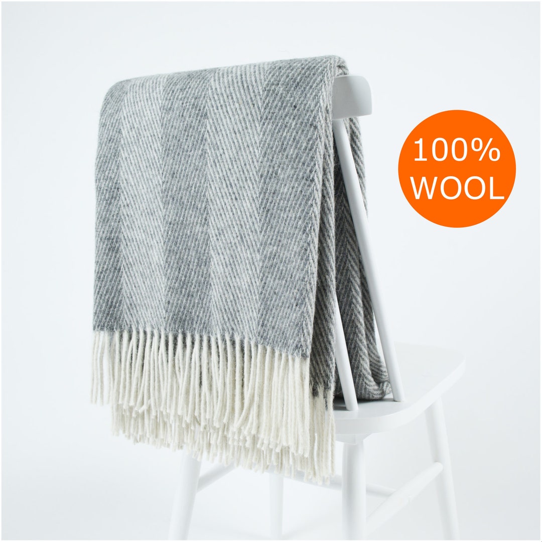 Pure Grey Wool Warm Hygge Blanket Classic Chevron Farmhouse Plaid ...