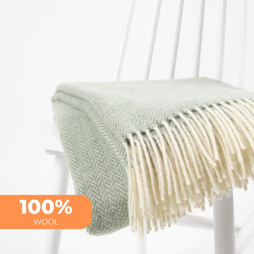 Pure Wool Light Green Throw Blanket | Sage Green Chevron Plaid | Large ...