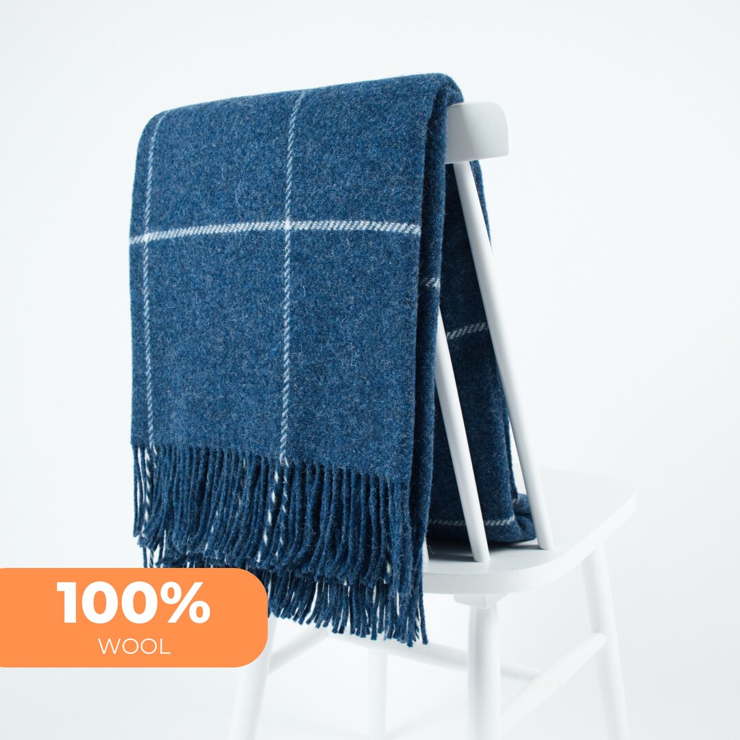 Navy Blue Windowpane Check Wool Throw Blanket | Large Scandinavian ...