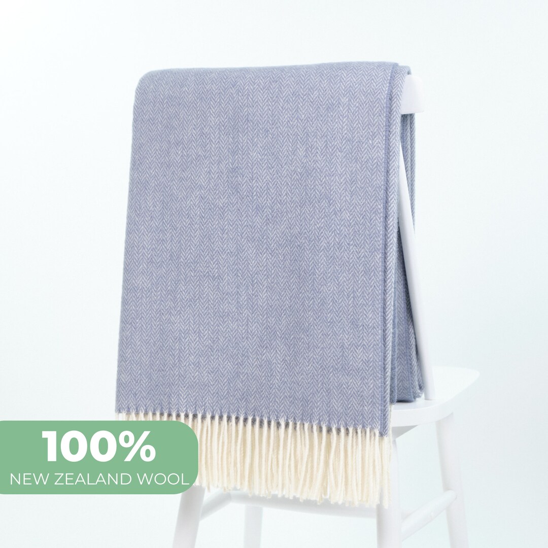 100% New Zealand Wool Light Dusty Blue Chevron Weave Large Sofa Throw ...