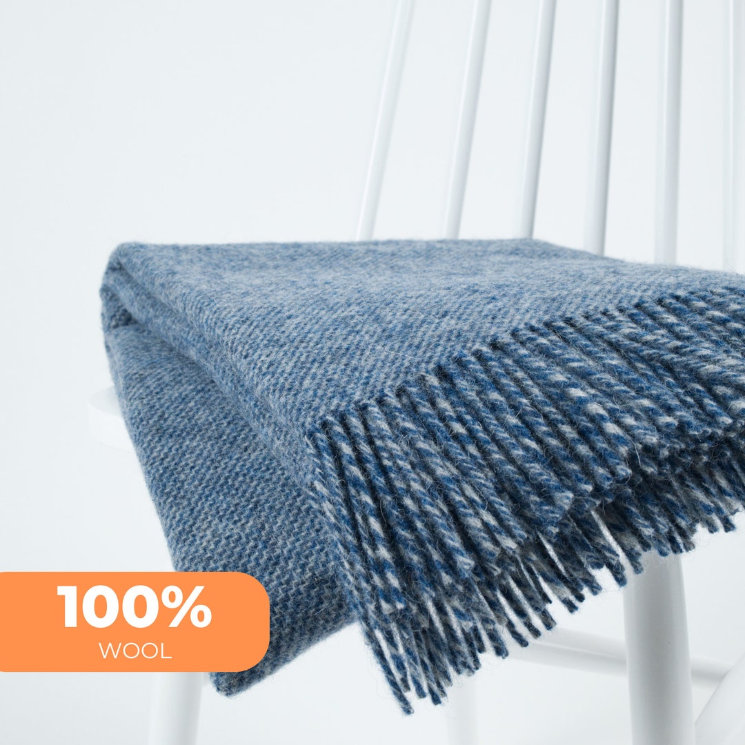 Denim Blue Wool Throw Blanket | Housewarming Gift | Large Sofa Throws ...