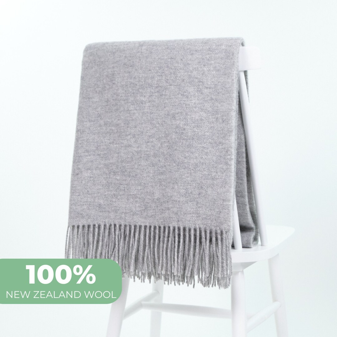 Light Grey Wool Throw Blanket 55x79" With Fringes | 100% Natural Sheep ...