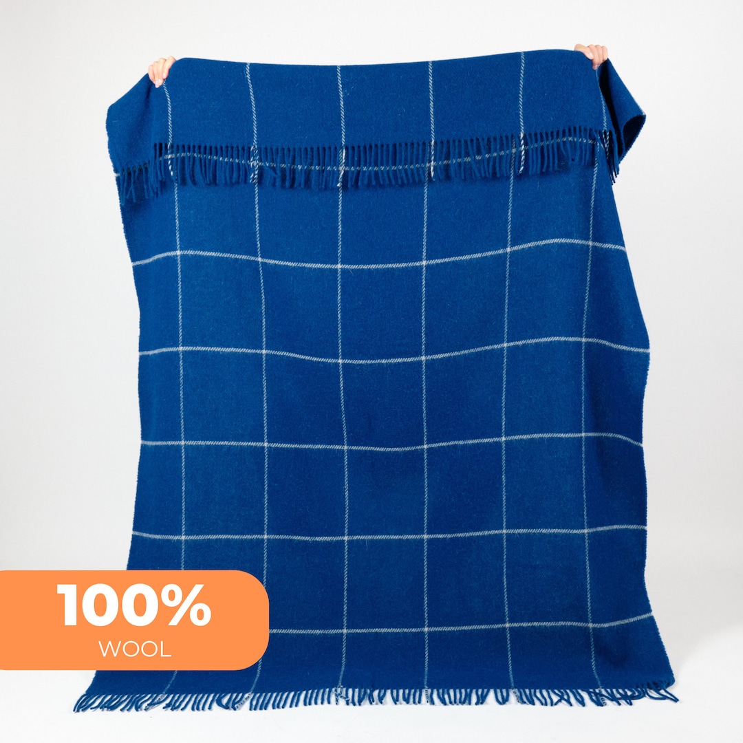 Cobalt Blue Windowpane Grid Check Pattern Large Sofa Throw Plaid Blanket Modern Housewarming ...