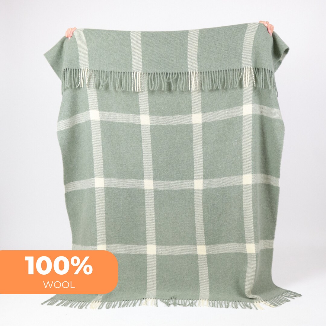 Sage Green Dusty Green Tartan Check Plaid Throw Blanket Natural Wool ...