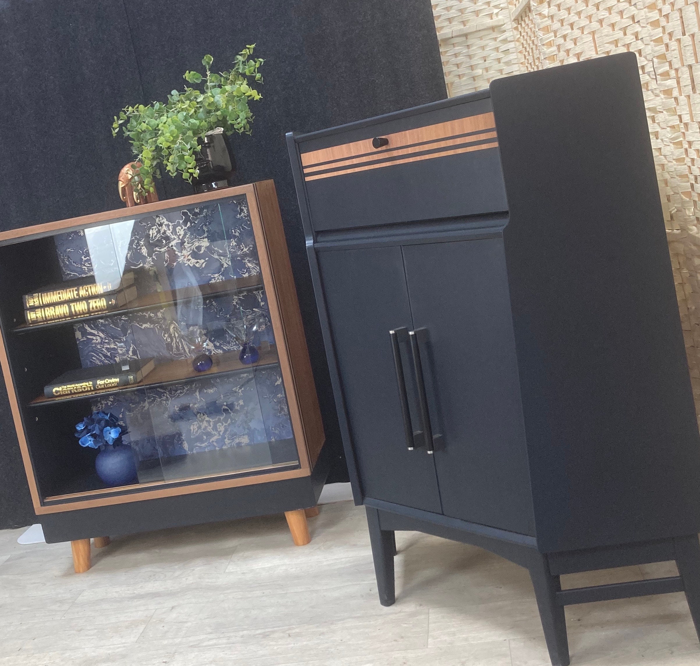 Retro Nathan Corner Bureau, Mid Century Modern, Hand Painted in Dark ...