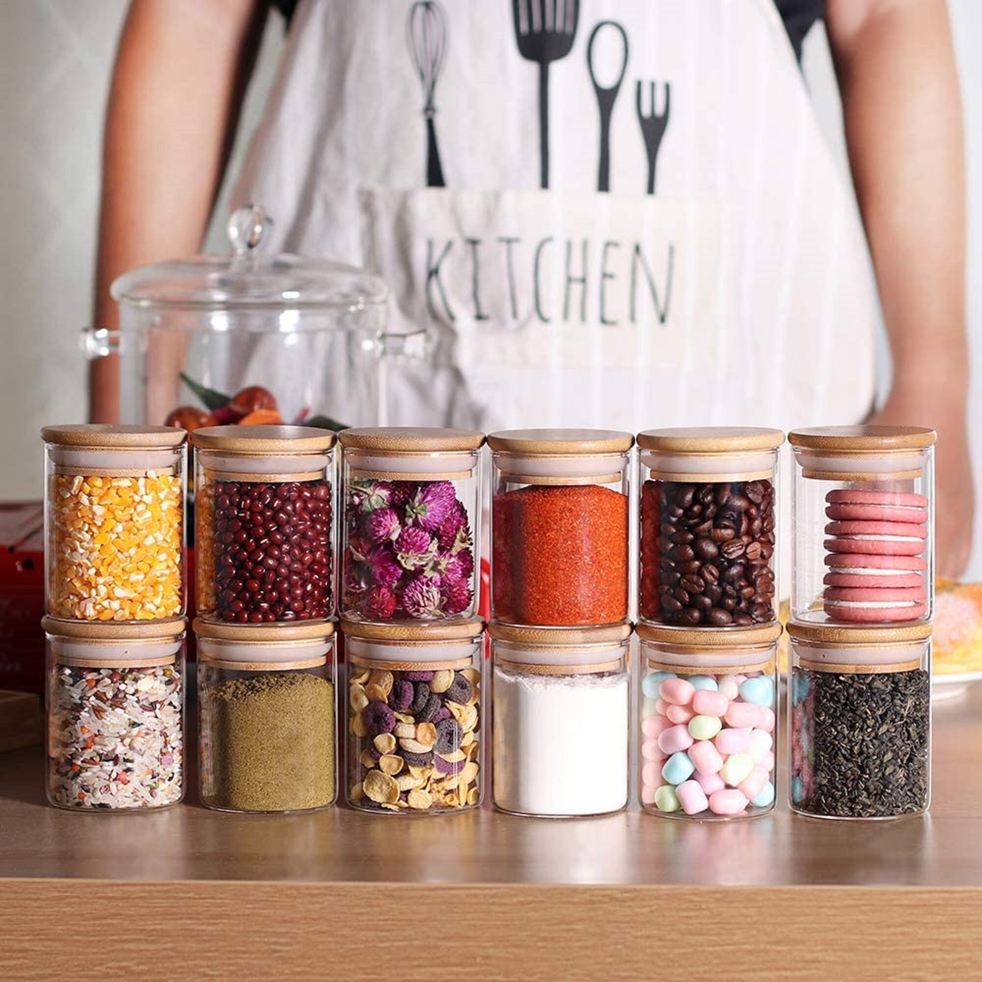 Set Of 12 PCS Glass Jar With Bamboo Lid Spice Jar Sealed Jar Etsy