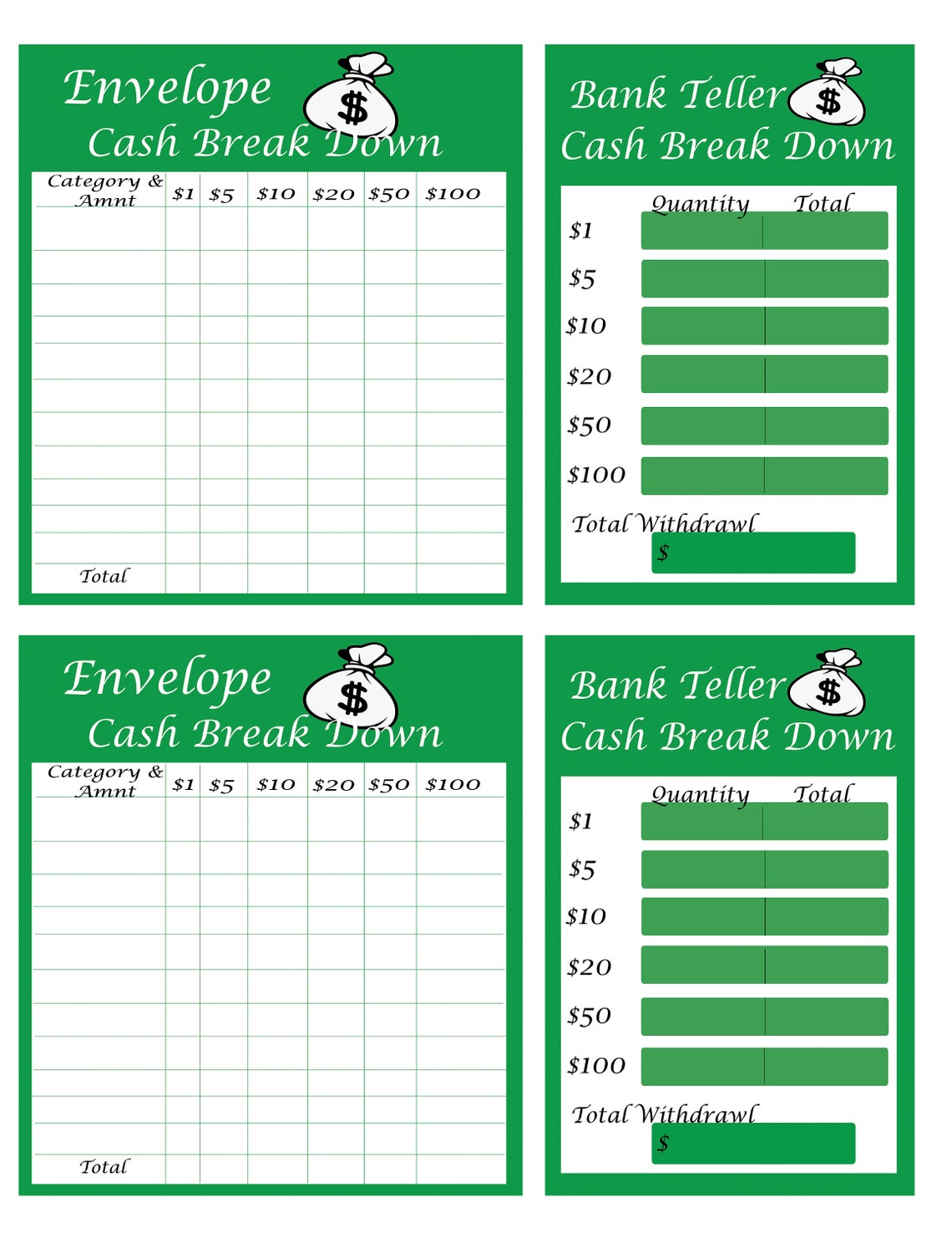 Cash Breakdown Sheet-printable Cash Breakdown-printable Teller Slip ...