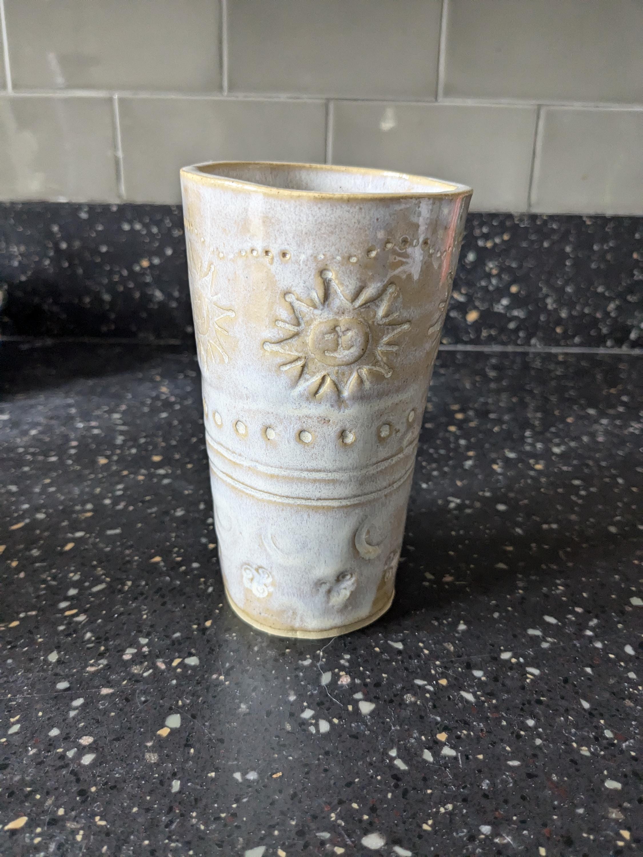 Handmade Pottery Tumbler, Tall Ceramic Cup, White Pottery With Sunshine ...