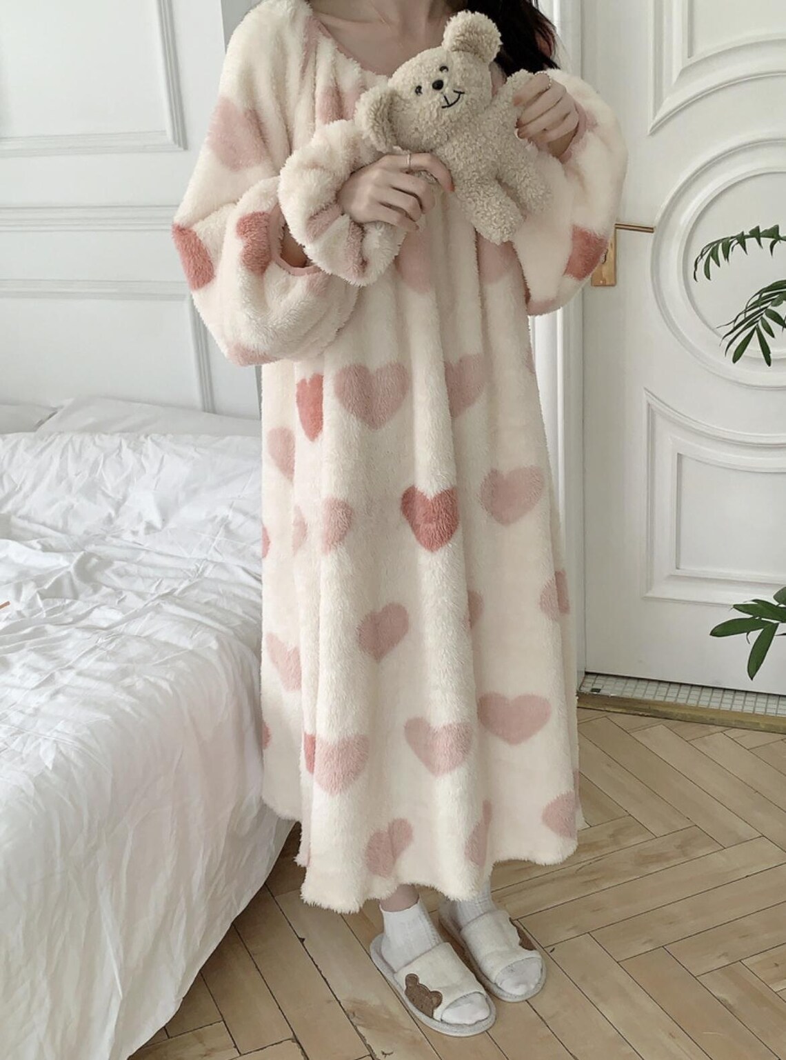 Cute Heart Pattern Sleep Dress : Fluffy Fleece Winter Nightgown - Etsy ...