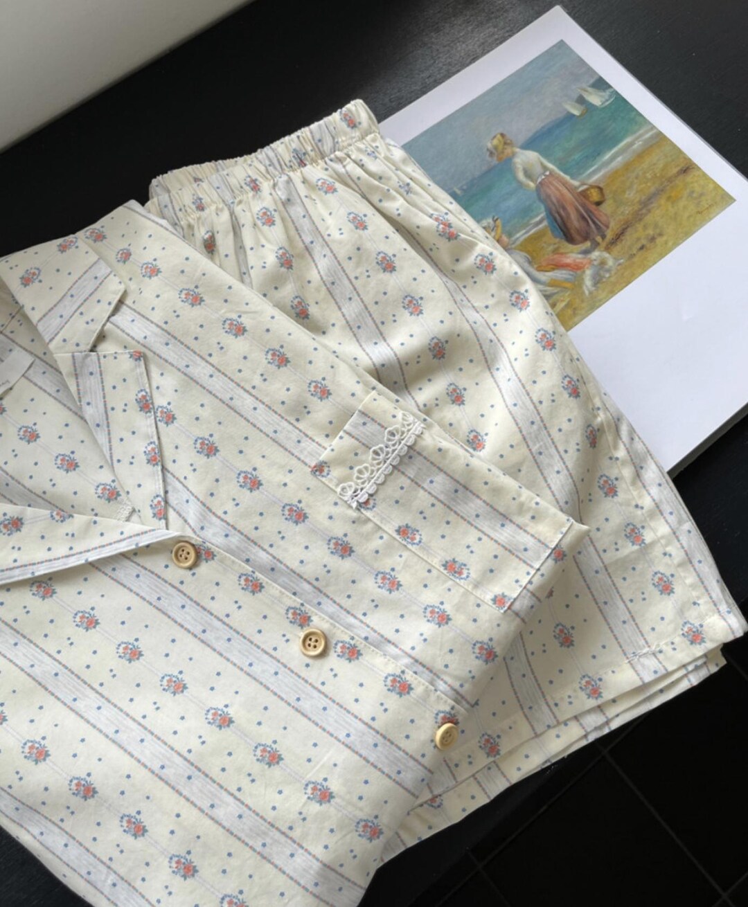 Vintage Flower Pattern Loungewear / Cotton Pajamas / Lace Pajama Set ...