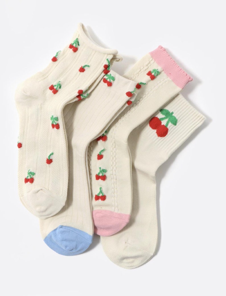 4 Pairs Cherry Socks / Cute Socks / Fluffy Cherry Socks / Cotton Socks ...