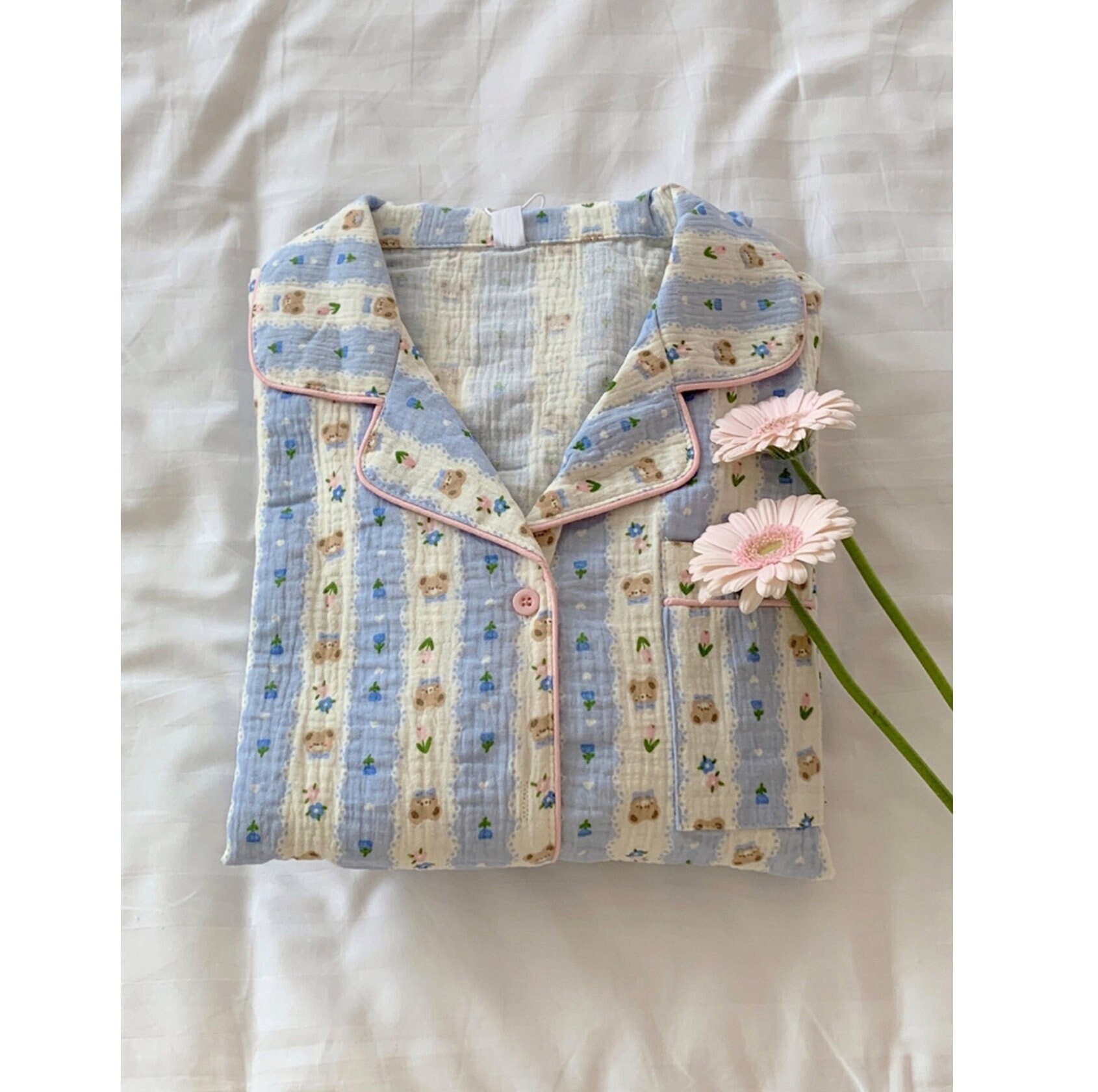 Blue Striped Bear Organic Cotton Pajama / Muslin Cotton Pajama / Couple ...