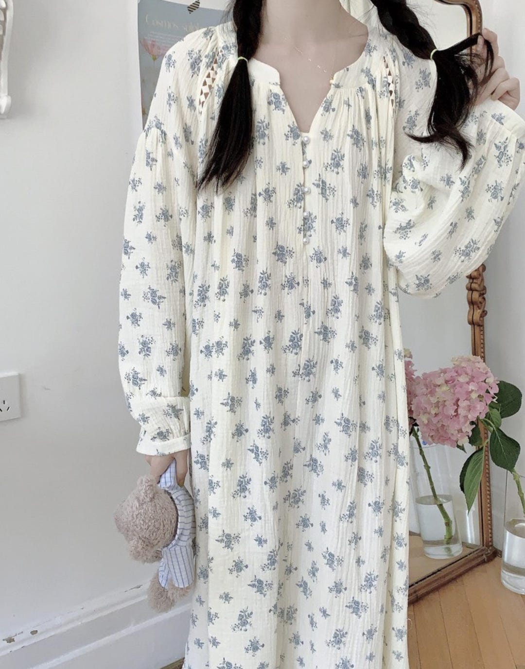 Floral Muslin Nightgown - Long Sleeve Cotton Sleepwear Dress - Romantic ...