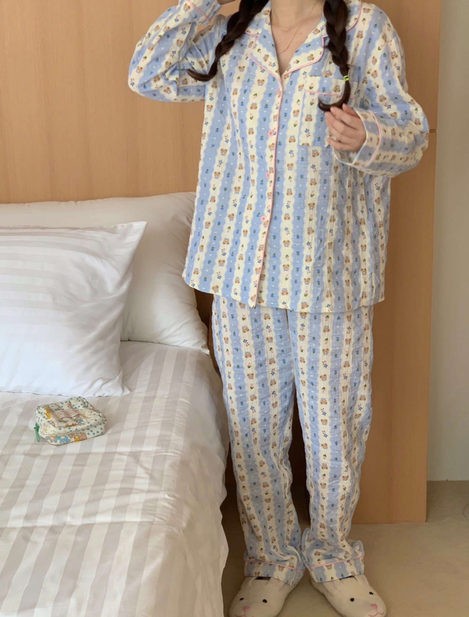 Blue Striped Bear Organic Cotton Pajama / Muslin Cotton Pajama / Couple ...