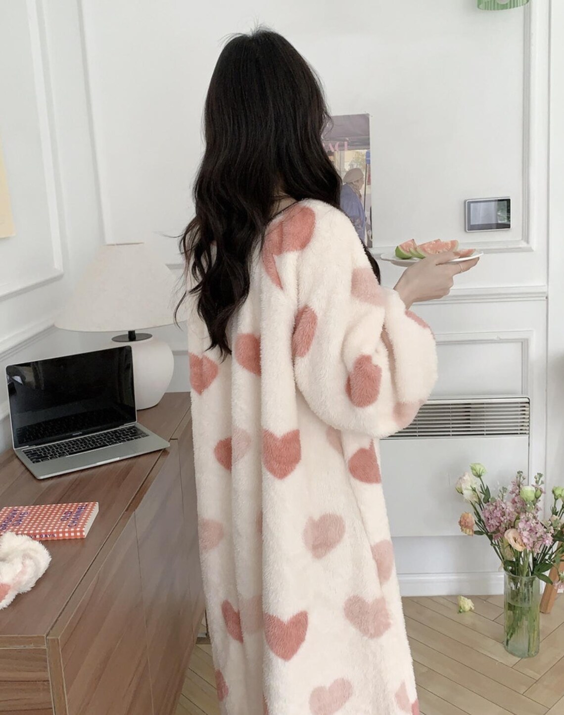 Cute Heart Pattern Sleep Dress : Fluffy Fleece Winter Nightgown - Etsy ...