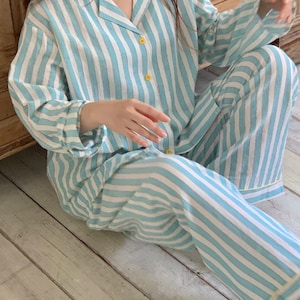 Blue Striped Organic Cotton Pajamas / Linen Pajamas / Women Pajama Set ...