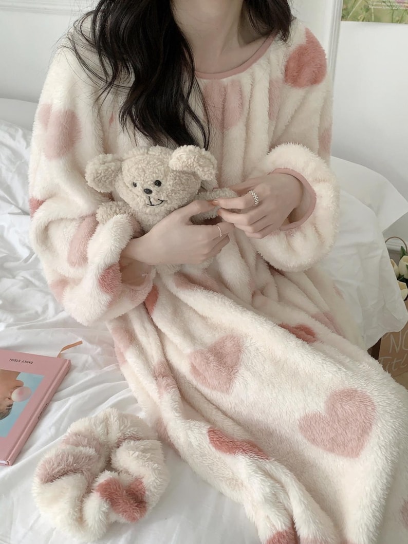 Cute Heart Pattern Sleep Dress : Fluffy Fleece Winter Nightgown - Etsy ...
