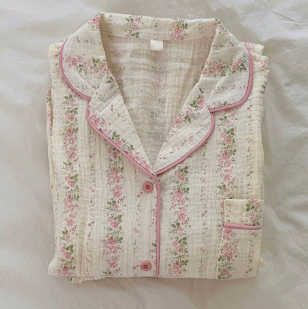 Pink Flower Organic Cotton Pajama / Muslin Cotton Pajama / Couple ...
