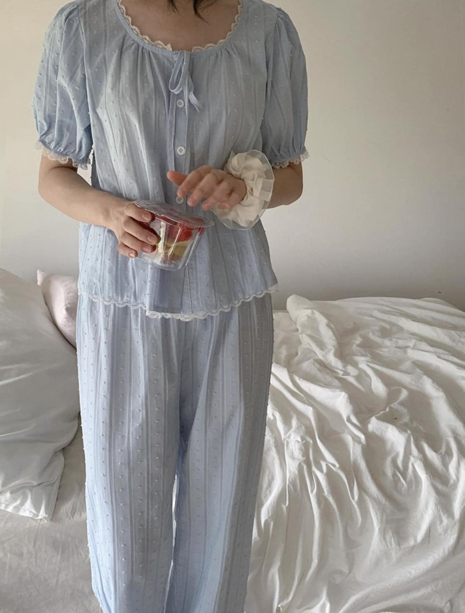 Blue Cotton Lace Loungewear Set: Korean Design Comfort Pajamas - Etsy