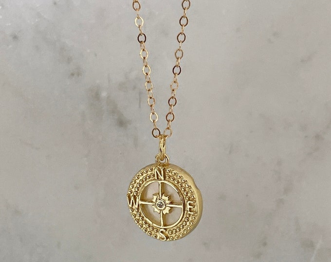 Gold Filled Pearl Compass Coin Necklace Mother of Pearl Travelers ...