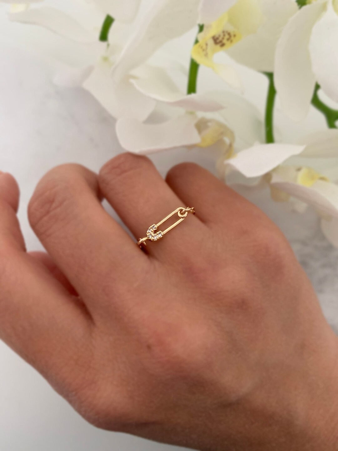 14k Gold Filled Tiny Safety Pin Chain Ring | Dainty and Delicate ...