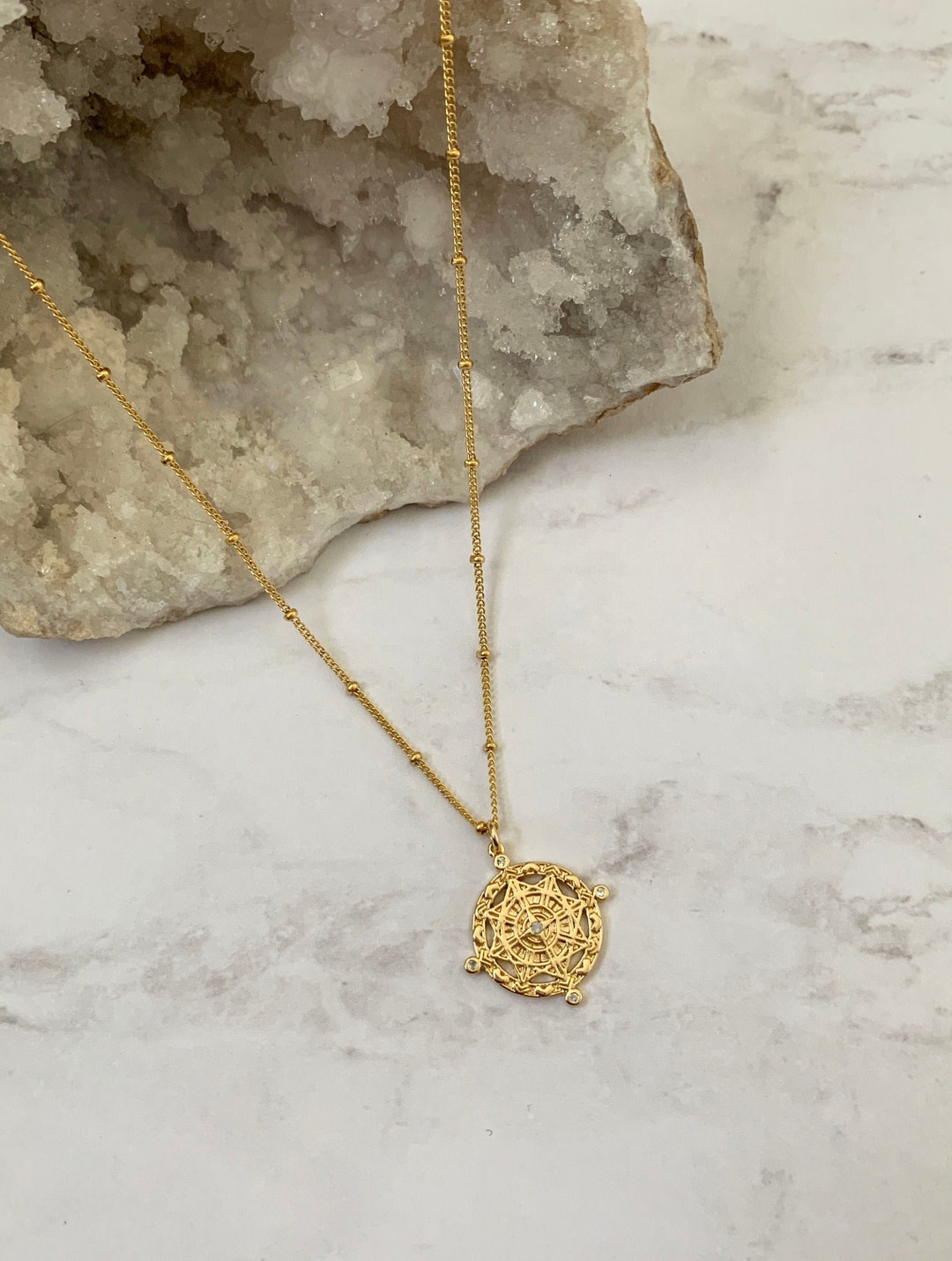 14k Gold Filled Compass Coin Necklace With CZ Stones | 16 Inch/18 Inch ...