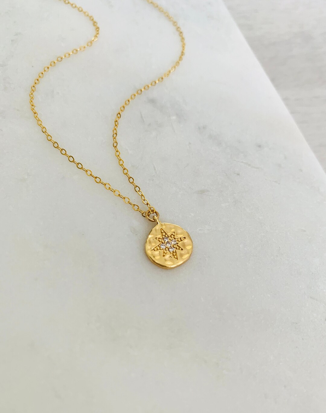 14k Gold Filled Hammered Compass Coin Necklace Dainty and Delicate ...