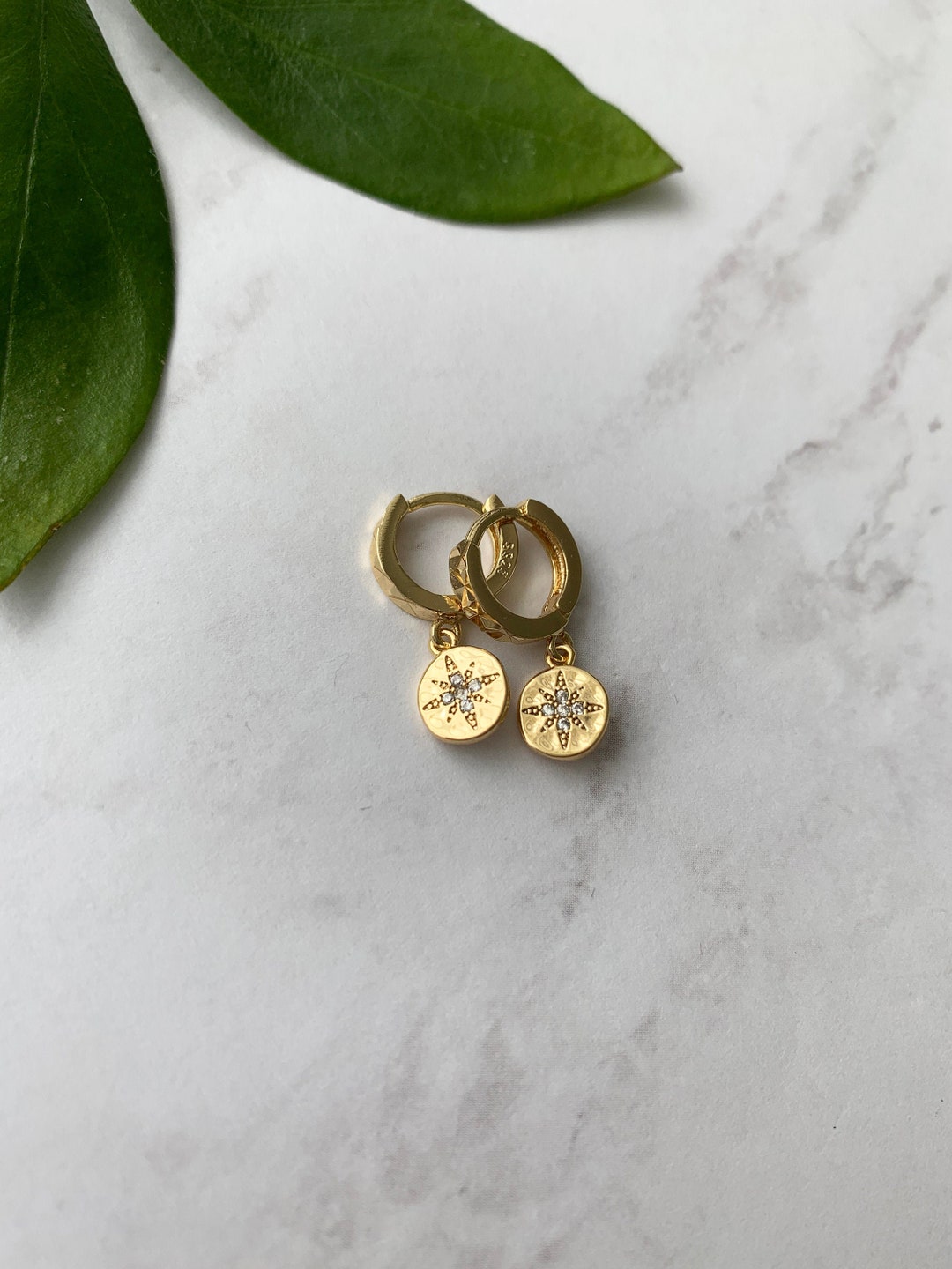 18k Gold Vermeil Star Coin Hoop Earrings: Compass Dangle Hoops ...
