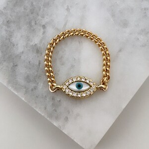 14k Gold Filled Evil Eye Curb Chain Ring | Dainty CZ Evil Eye Stacking ...