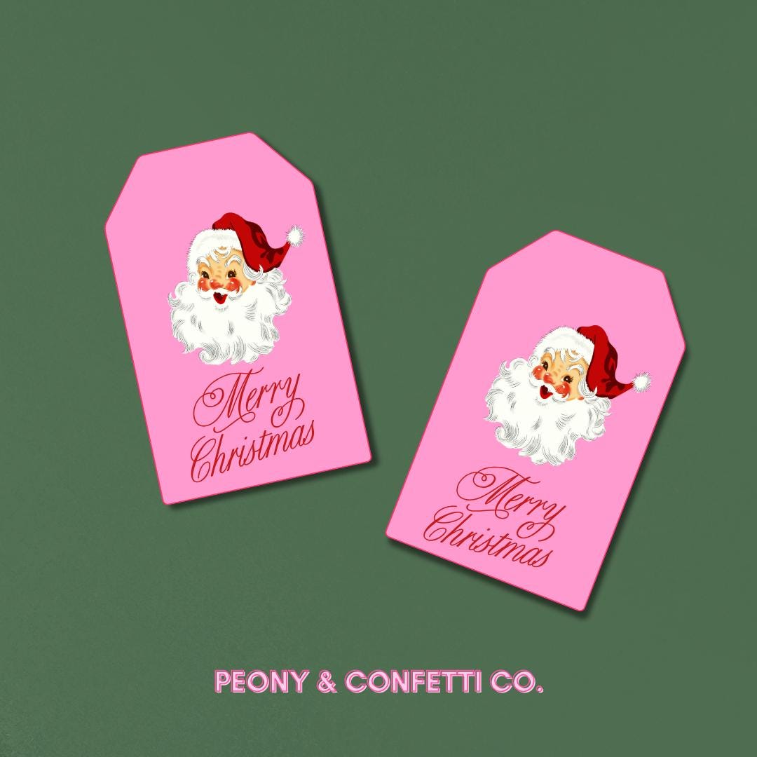 PRINTABLE Sheet of 6 Vintage Santa Christmas Gift Tags hot Pink, Santa ...