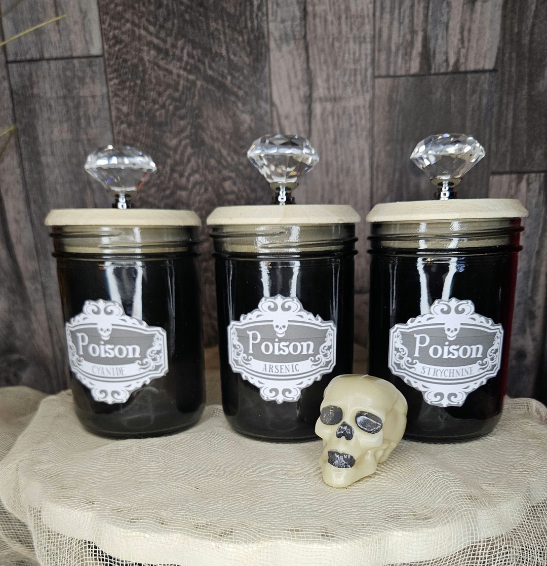 Set of 3 Halloween Poison Black Glass Jars With Lids/tray Decor ...