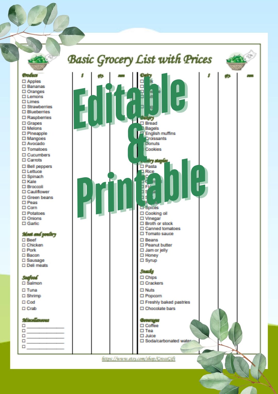 Basic Grocery Editable and Printable Shopping Checklist With Prices 2 ...