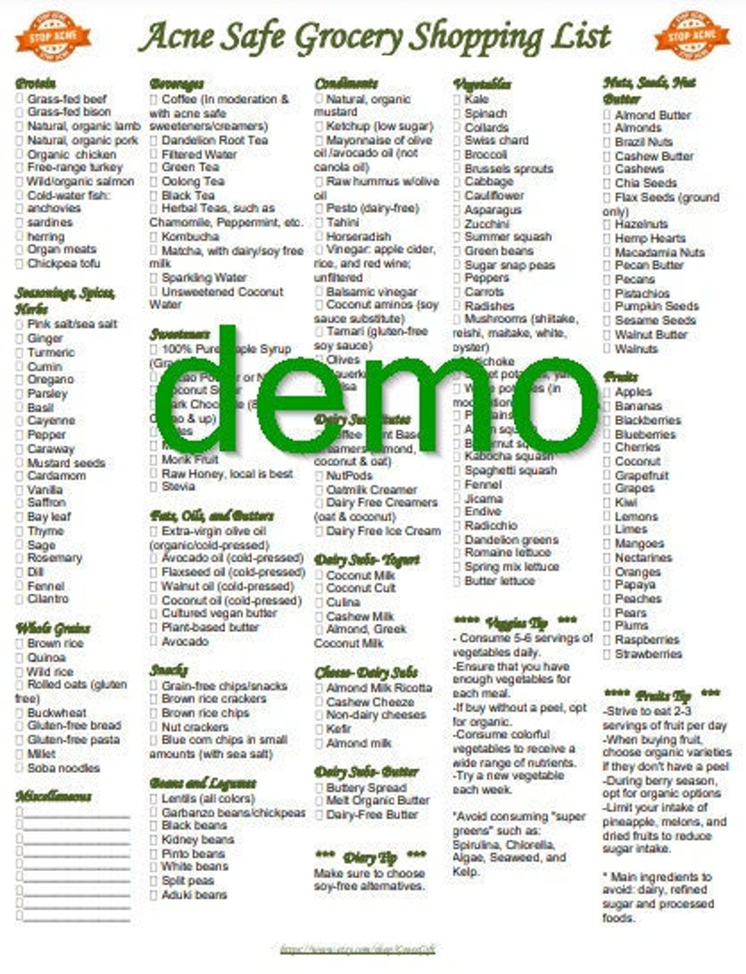 Acne Safe (printable) Grocery Foods List PDF Instant Download - Etsy