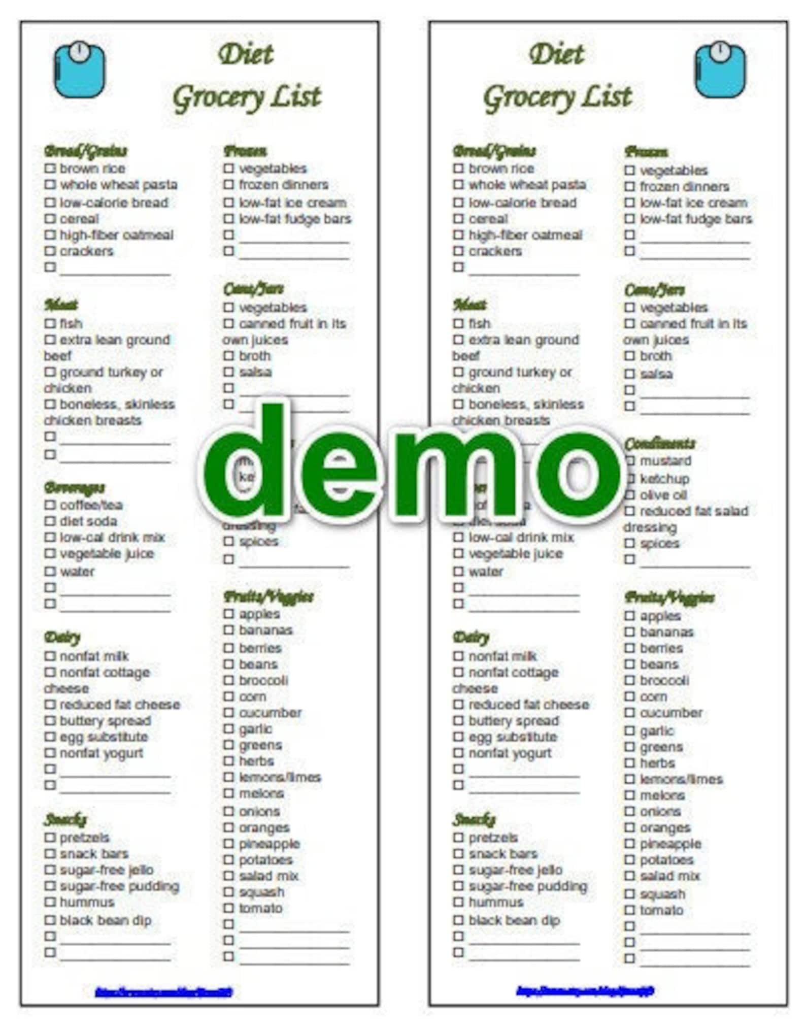 Diet Food Low Calorie Grocery List Printable 2 in 1 PDF - Etsy