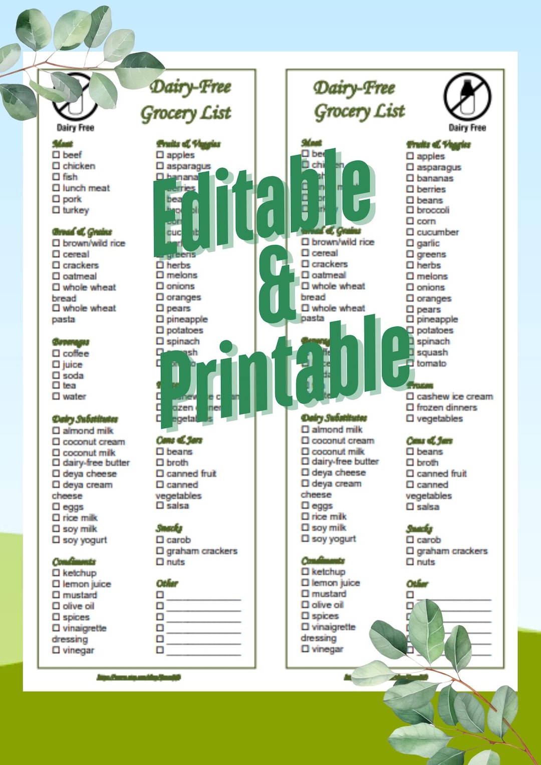 Dairy-free Grocery List: Substitutes & Lactose-free (printable/editable ...