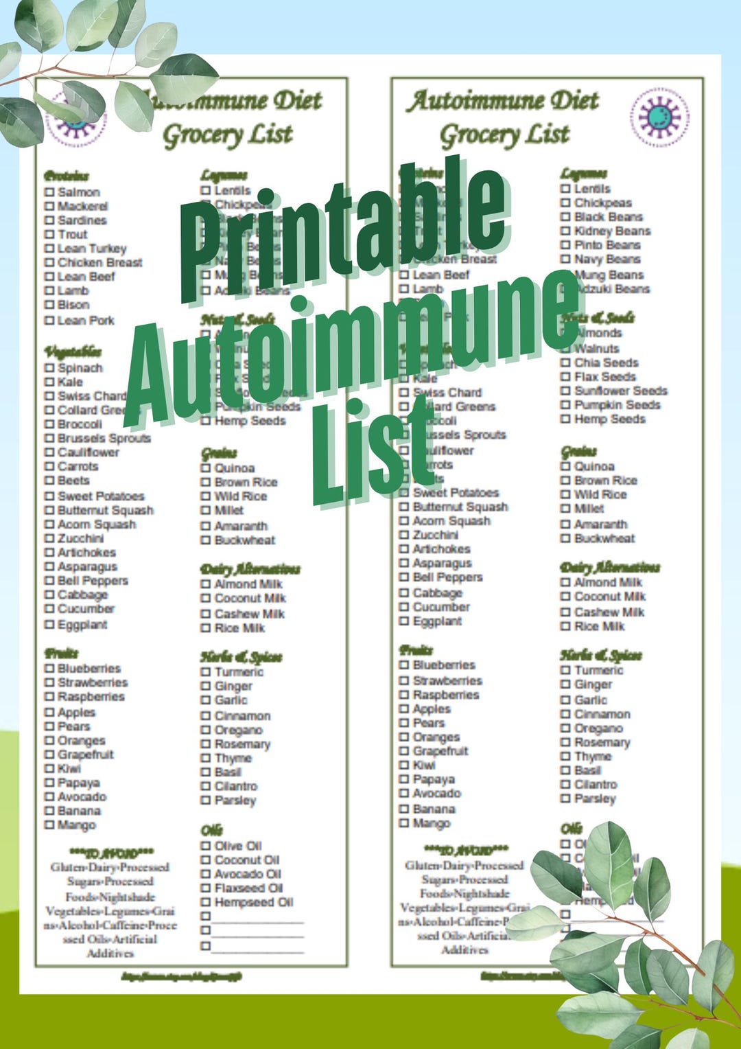 Autoimmune Diet Printable Grocery Shopping Foods List Instant Download ...