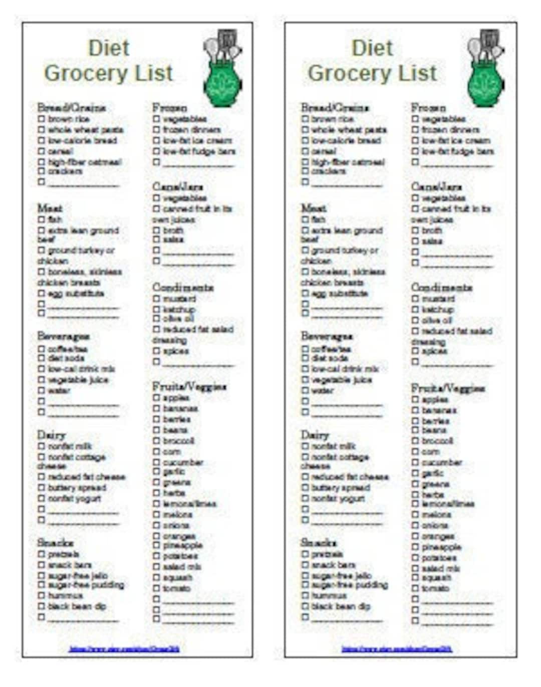 Diet Food Low Calorie Grocery List Printable 2 in 1 PDF - Etsy