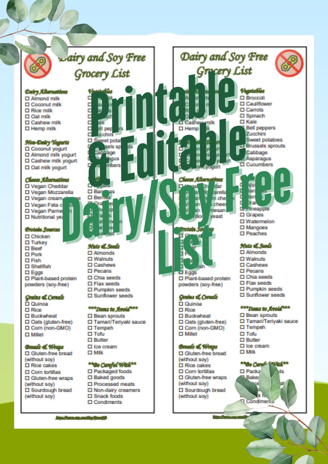 Editable Dairy and Soy Free Grocery Diet Shopping List Printable 2 in 1 ...