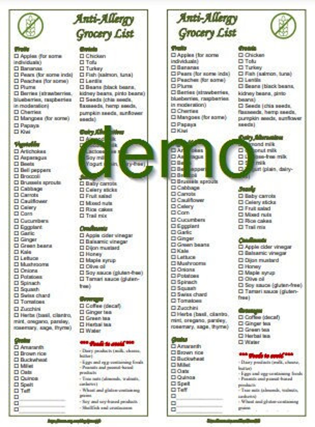 Allergy Friendly Printable Grocery Shopping List Instant Download Pdf 2 ...