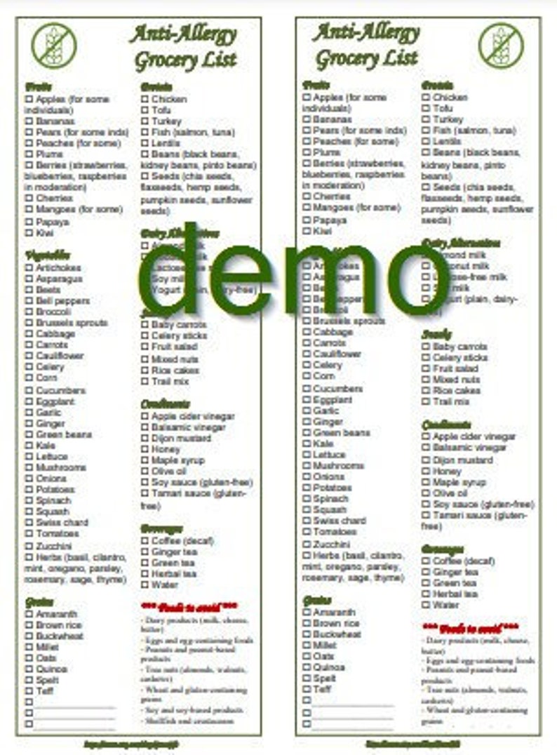 Allergy Friendly Printable Grocery Shopping List Instant Download Pdf 2 ...