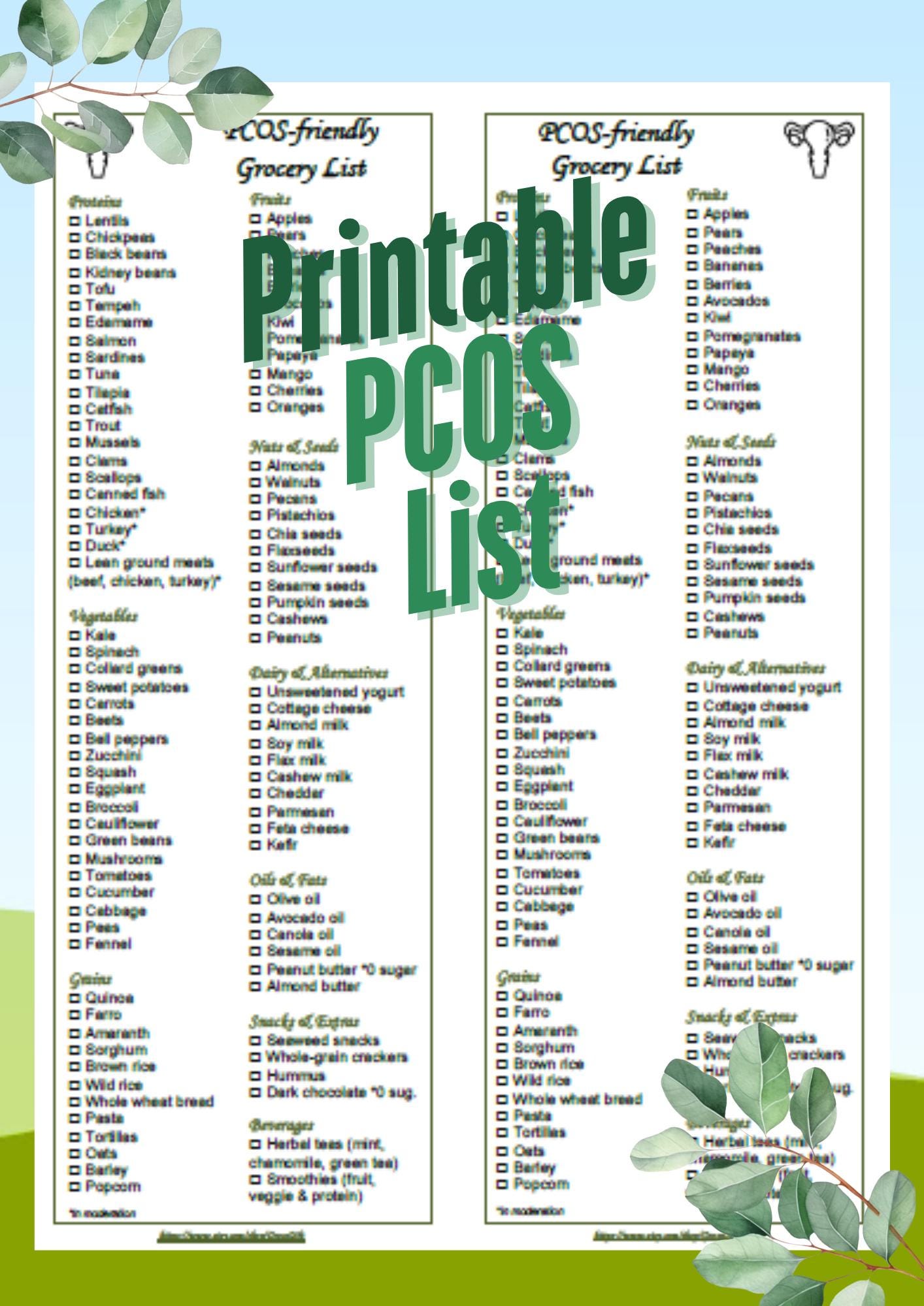 PCOS Friendly Printable Healthy Grocery Foods List 2 in 1 PDF Instant ...