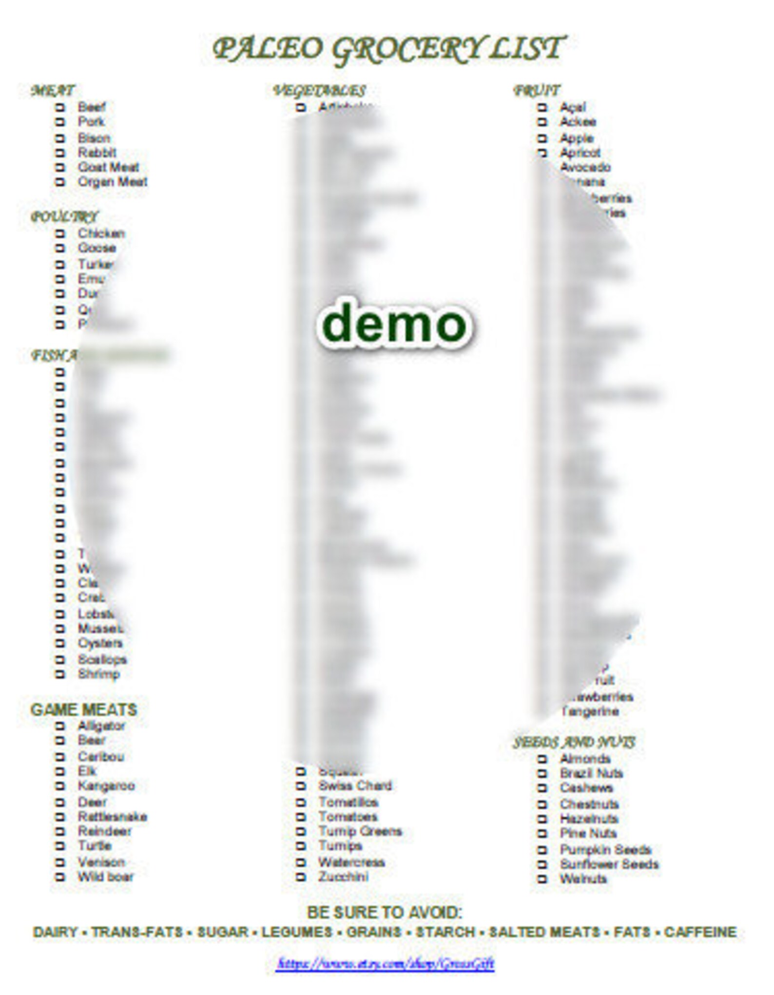 Paleo Diet Grocery List PDF Printable | Etsy