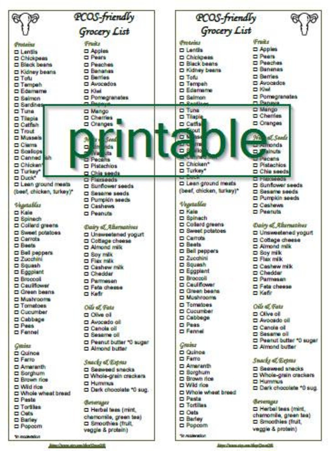 PCOS Friendly Printable Healthy Grocery Foods List 2 in 1 PDF Instant ...