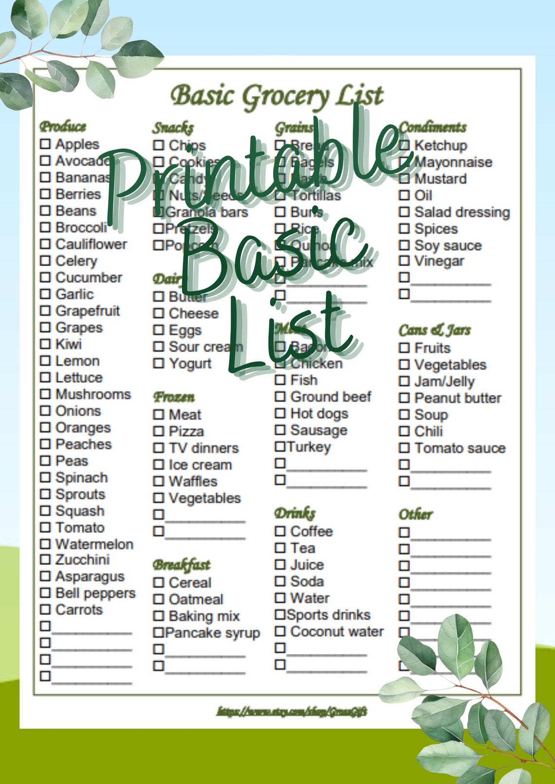 Large-print Basic Grocery Food List Shopping Printable Instant Download ...