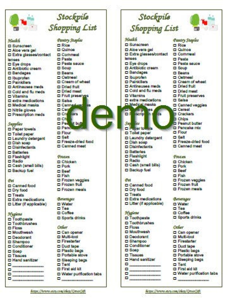 Emergency Case Stockpile Shopping List Printable 2 in 1 PDF Instant ...