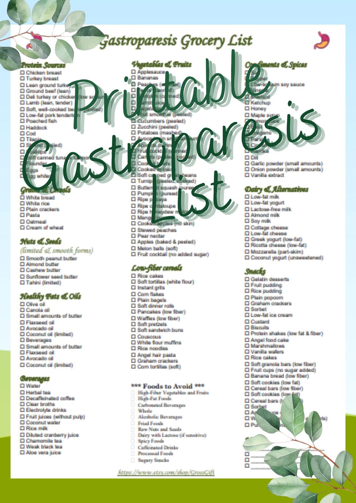 Gastroparesis Extended Printable Stomach Health Grocery Food List ...