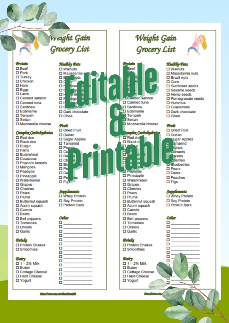 Weight Gain Editable Printable Healthy Grocery Foods List 2 in 1 PDF ...
